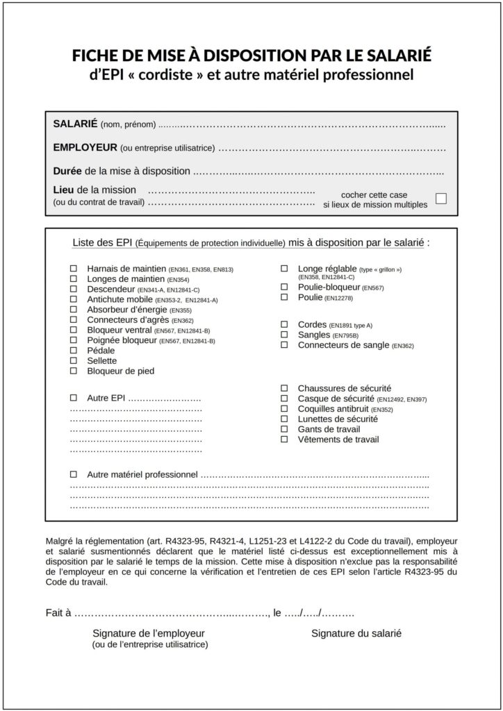 OUTILS DE LUTTE – Fiche de mise à disposition par le salarié d’EPI ...