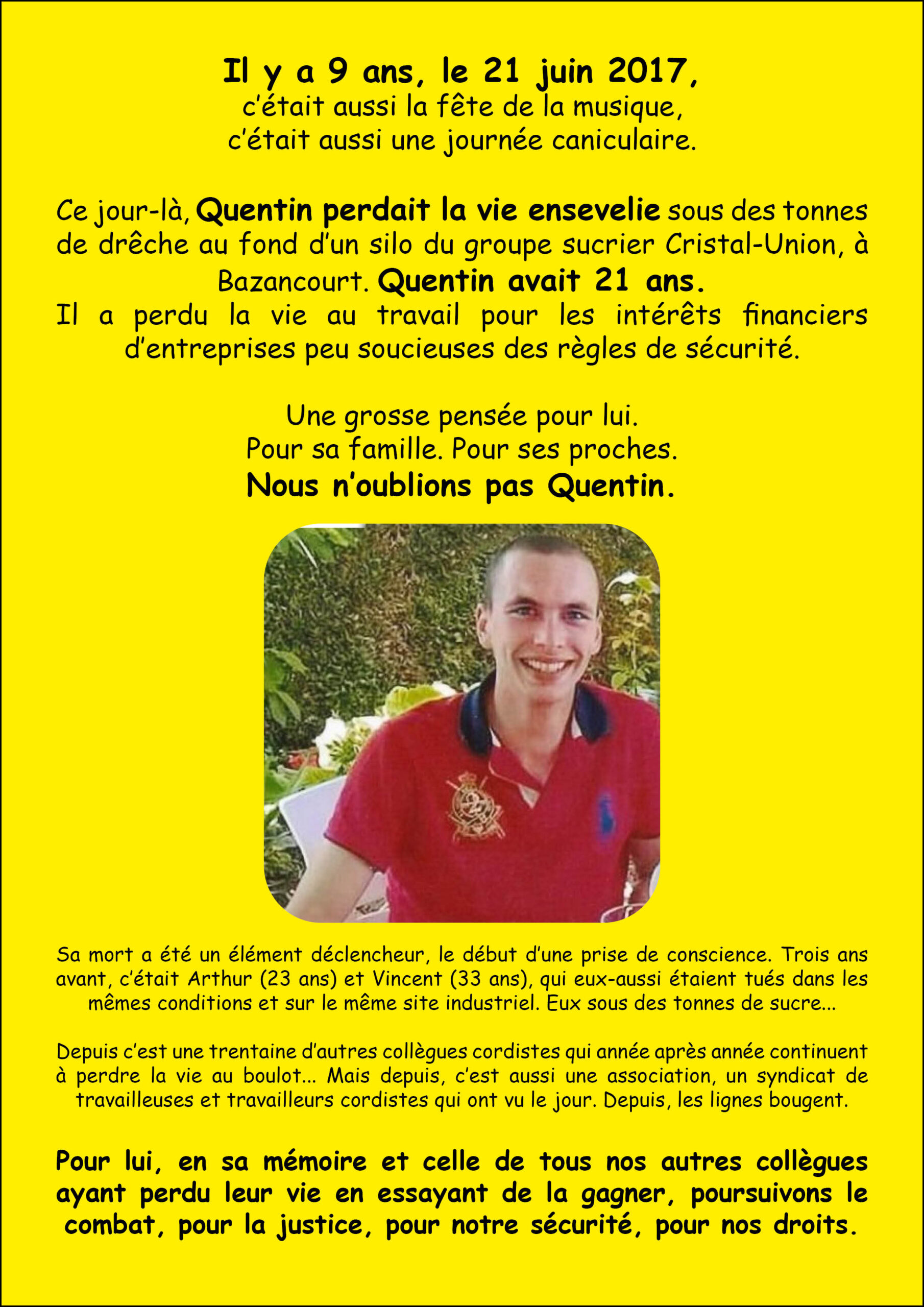 Il y a 9 ans, Quentin perdait la vie au travail – Association d ...